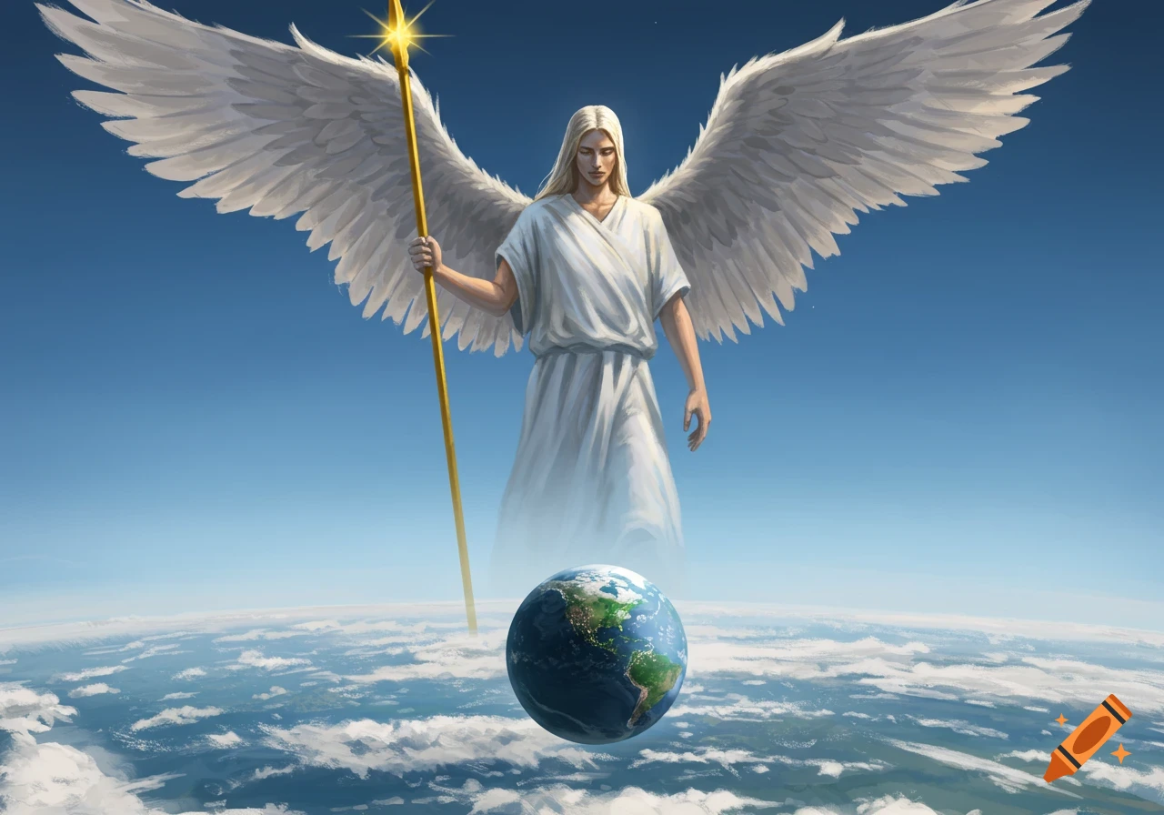 A large angel with white wings and a golden spear hovers above the ...