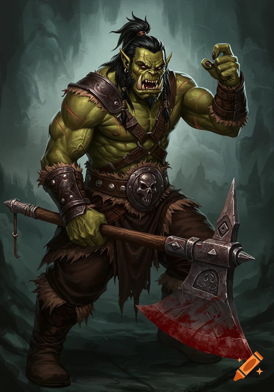 Full body digital painting of a muscular green orc barbarian with a ...