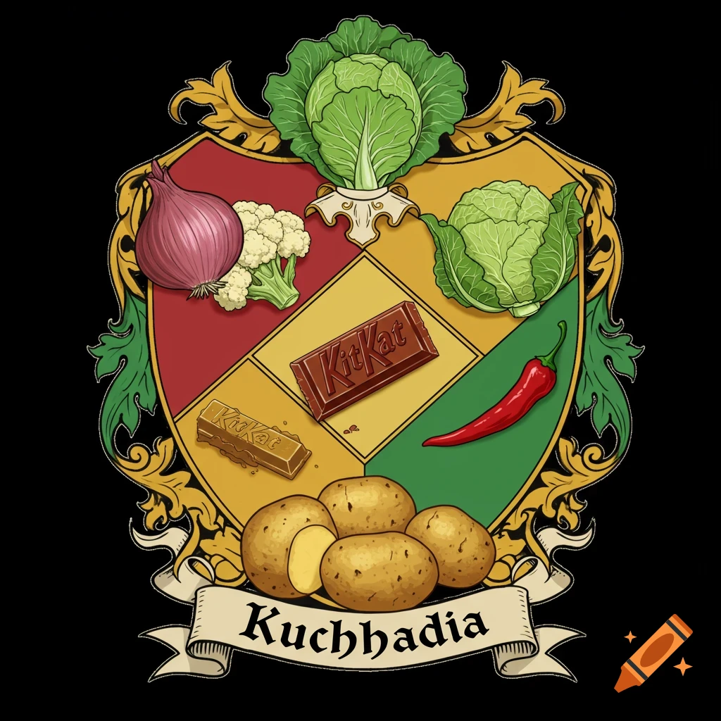 An illustrated family crest featuring vegetables like cabbage, onion ...