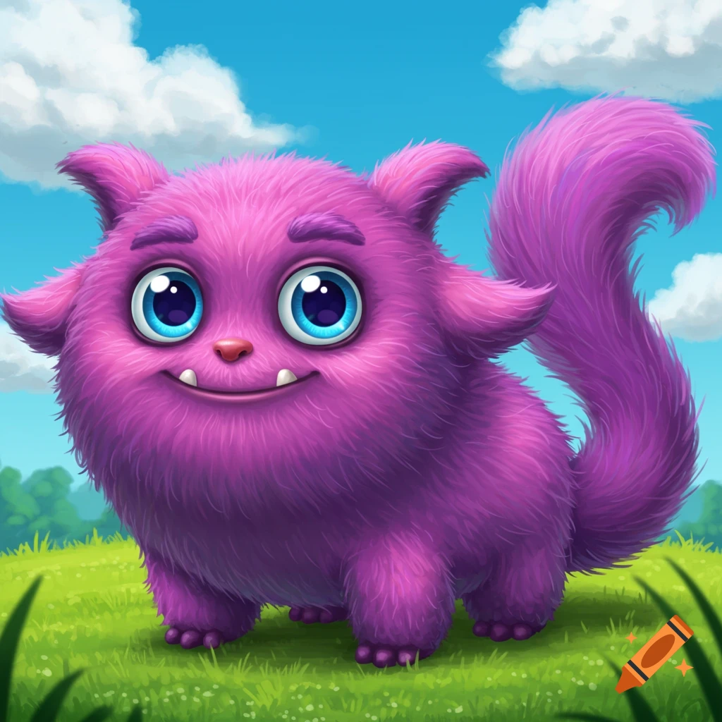 A cute fluffy pink creature with big blue eyes and fangs stands in a ...