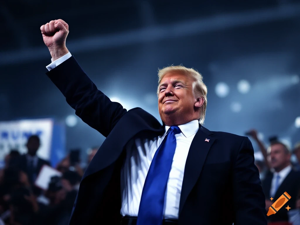 Donald Trump raises his fist in victory at a rally. on Craiyon