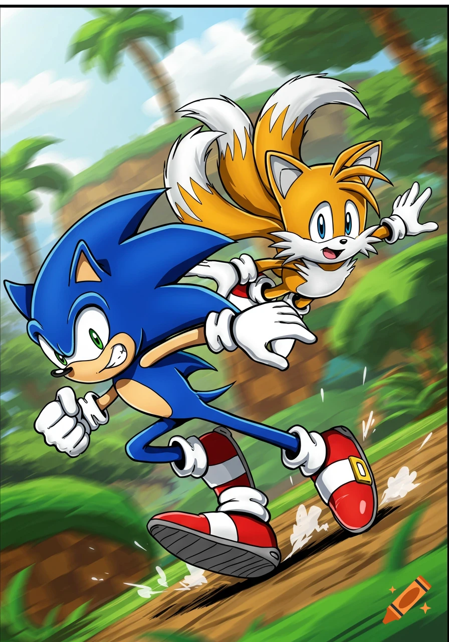 Cartoon of Sonic the Hedgehog and Tails running up a green hill. on Craiyon