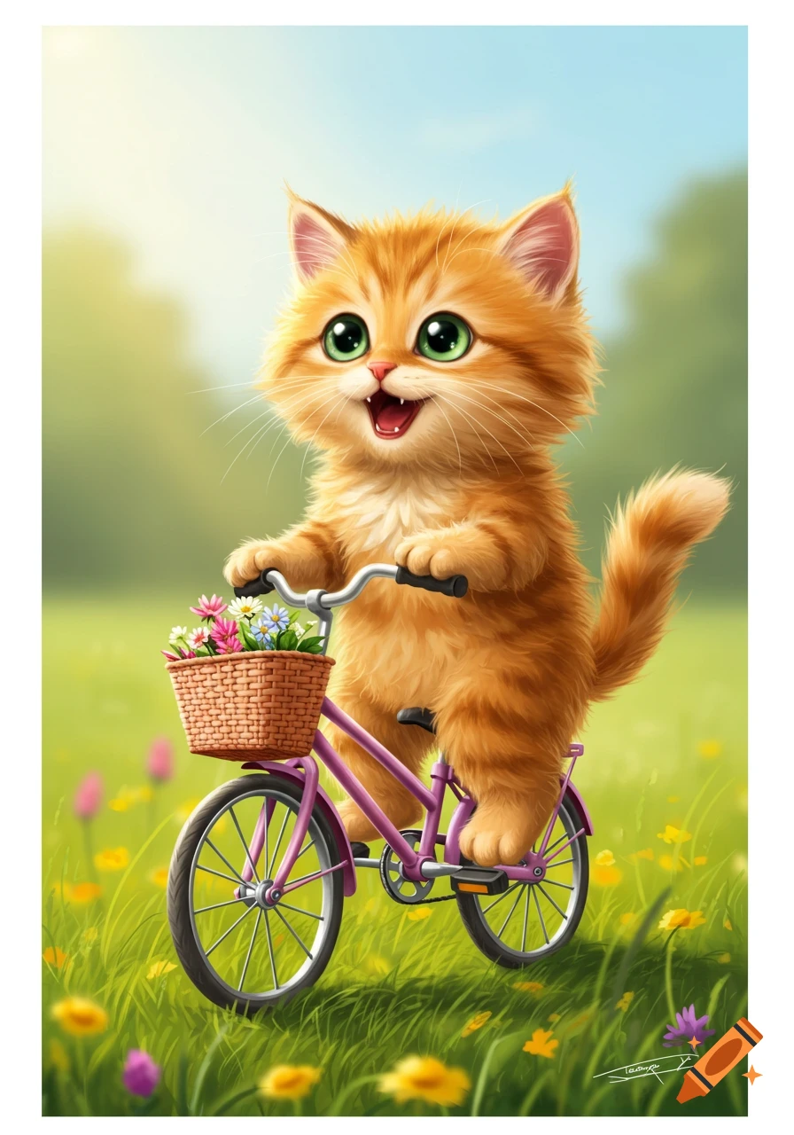 Cute orange kitten rides a pink bicycle with a basket of flowers ...