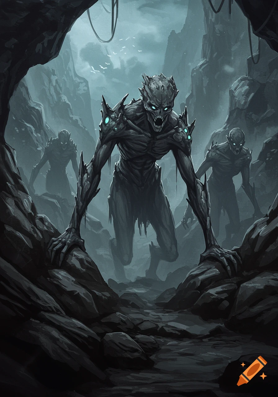 Three dark, skeletal monsters with glowing eyes and sharp spikes emerge ...