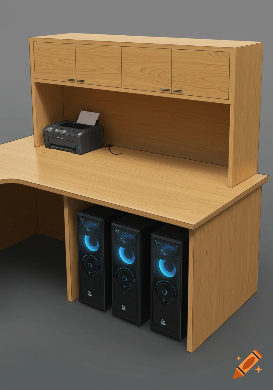 A wooden U-shaped desk with a hutch holding a printer, and three black ...