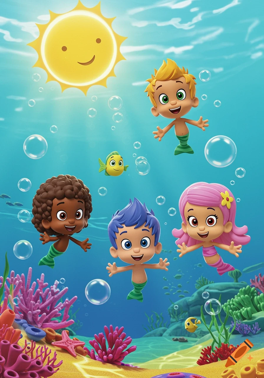 Cartoon characters swim underwater with bubbles, fish, coral, and a ...