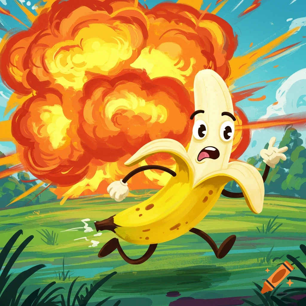 A cartoon banana with arms and legs runs in a field away from a large ...