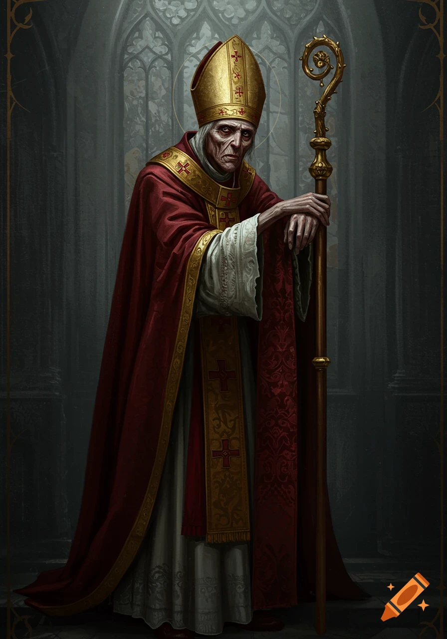 A gaunt man in red and gold bishop's robes stands in a dark gothic ...