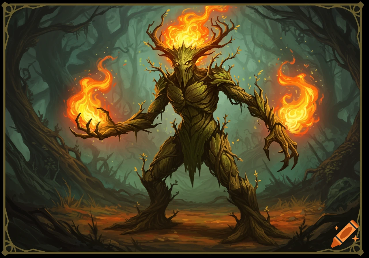 A fire leshy, a plant creature wreathed in flames, stands in a dark ...