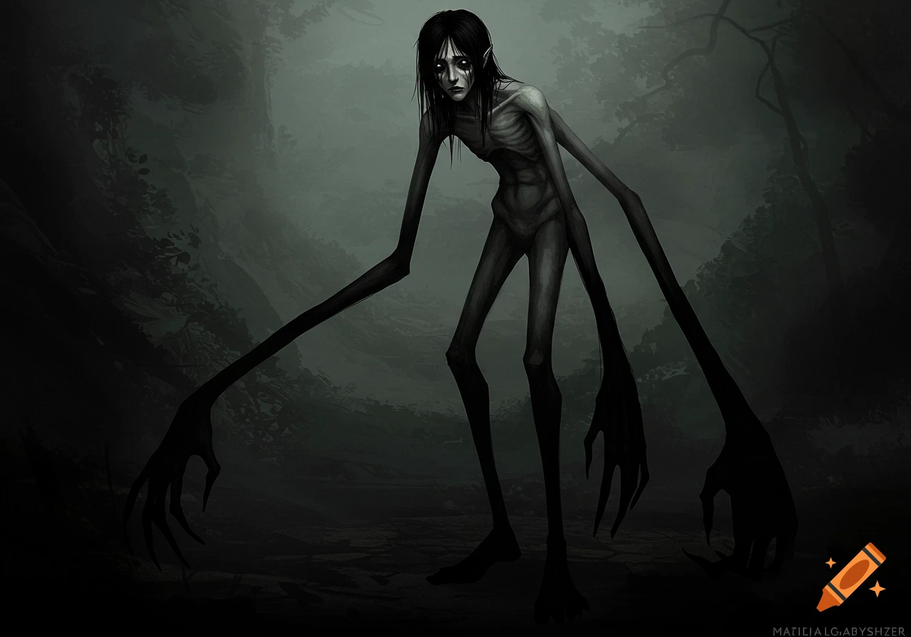 A gaunt, long-limbed humanoid monster stands in a dark, misty forest ...
