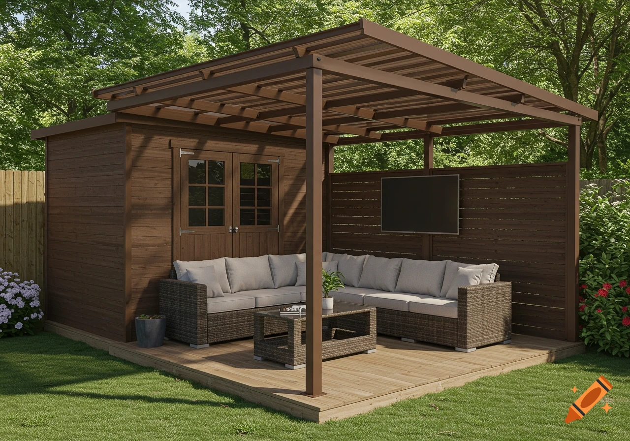 Wooden shed with attached bronze pergola, privacy wall with TV, and ...