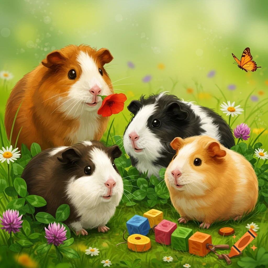 Four colorful guinea pigs play among flowers and toys in a grassy field ...
