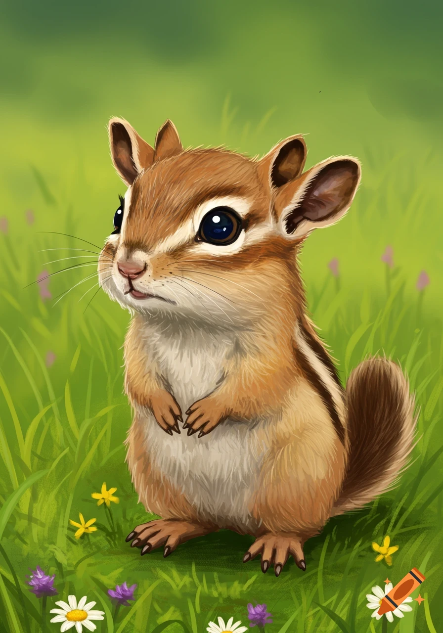A cute illustrated chipmunk sits upright in green grass among small ...