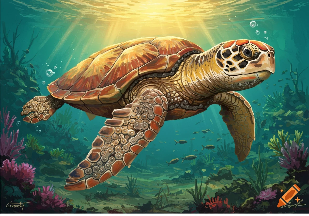 Digital painting of a sea turtle with chain link texture swimming ...