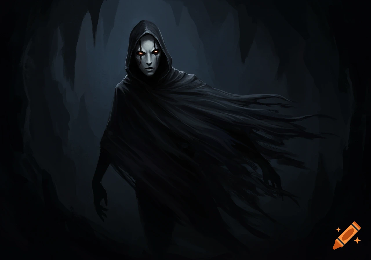 A dark hooded figure with a pale face and glowing red eyes stands in ...