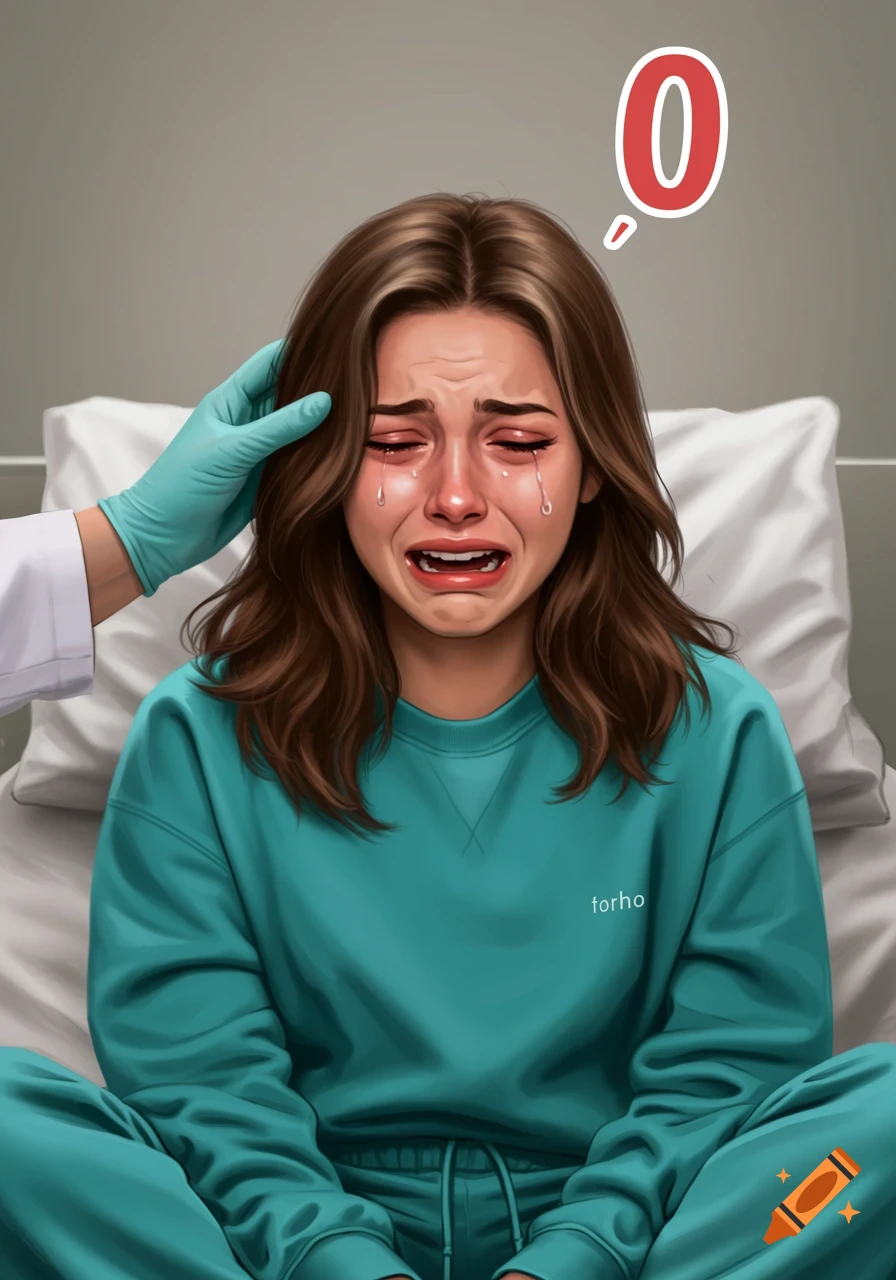 Illustration of a crying teenage girl with a '0' above her head, a ...