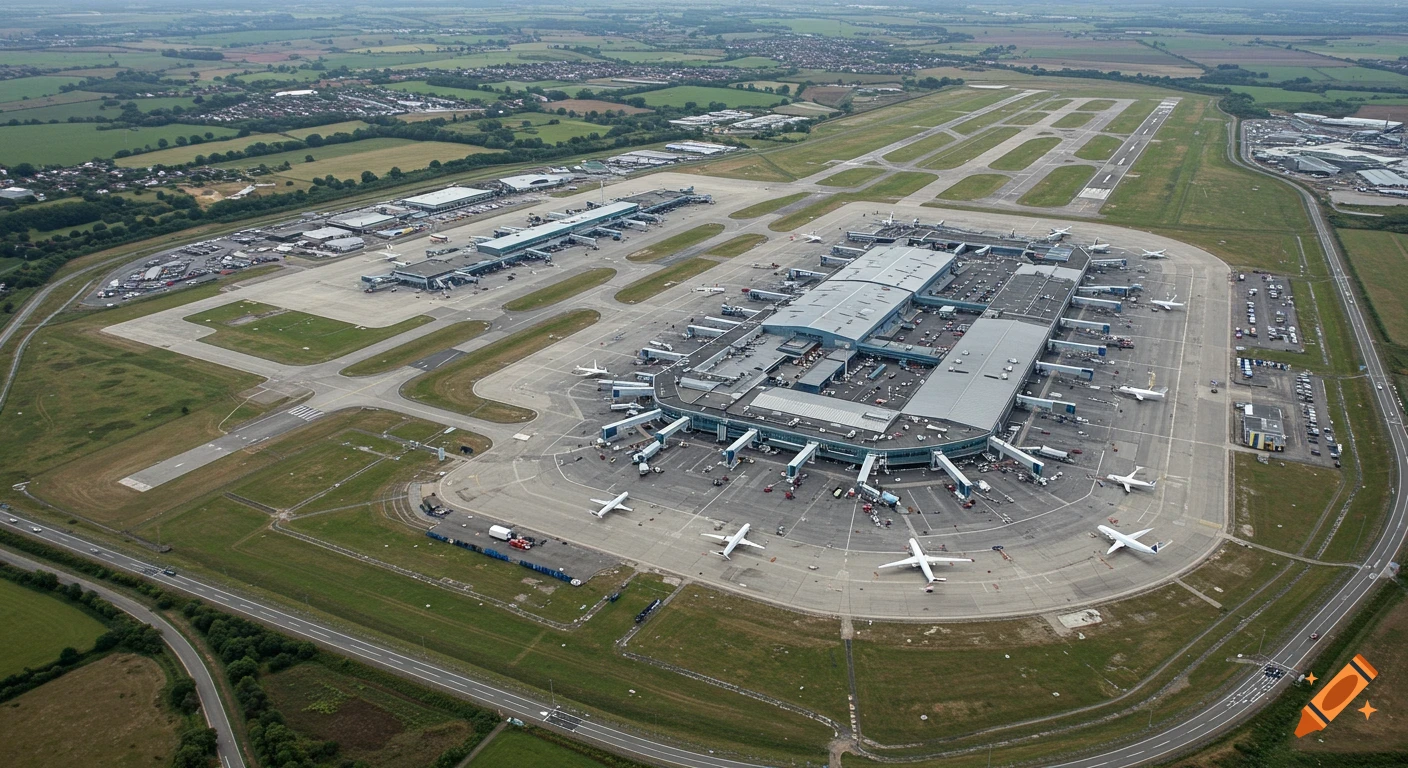 Aerial view of a large airport with buildings, runways, and airplanes ...