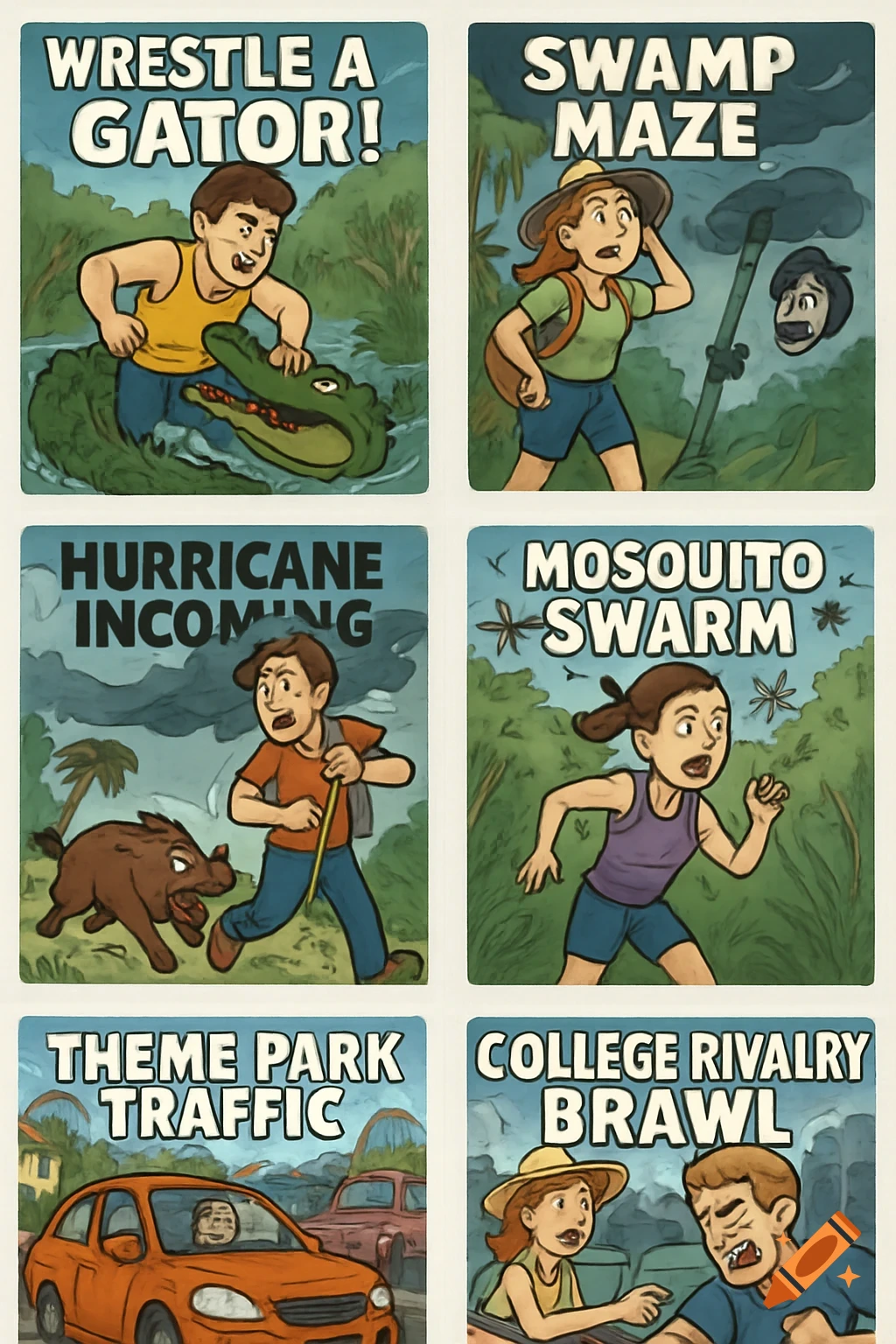 Six cartoon panels illustrating scenarios: wrestling a gator, swamp ...