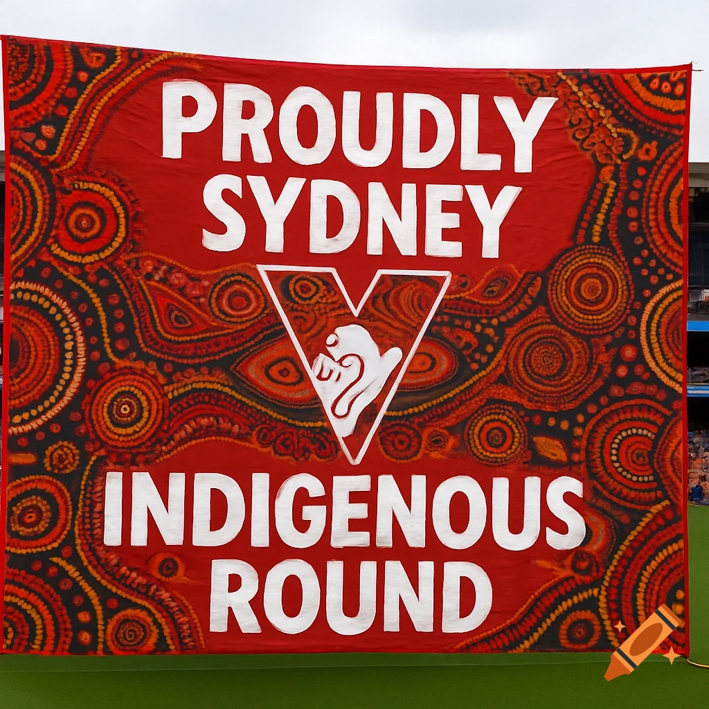 Large red Sydney Swans Indigenous Round banner with white text and dot ...