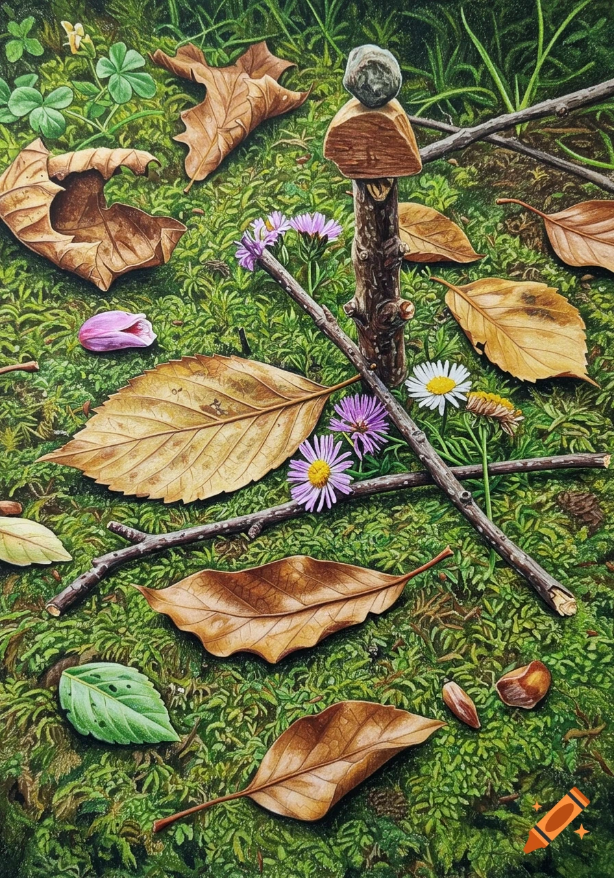 Color pencil drawing of natural objects arranged on moss, including ...
