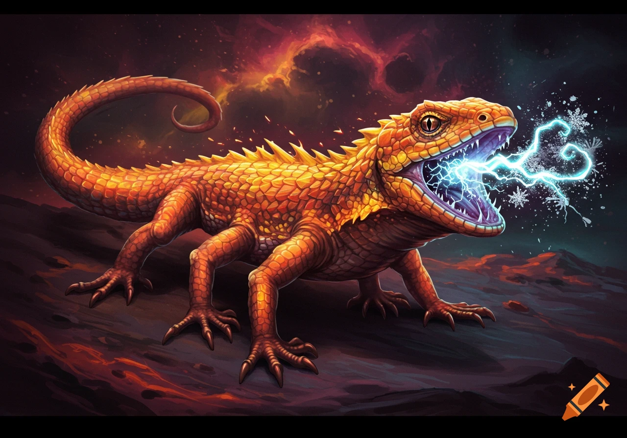 Large orange lizard creature breathing frost and lightning, fantasy art ...