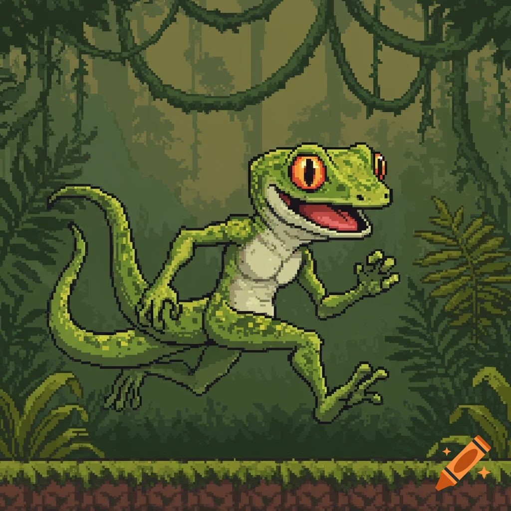 Pixel art sprite of a green gecko humanoid running through a jungle. on ...