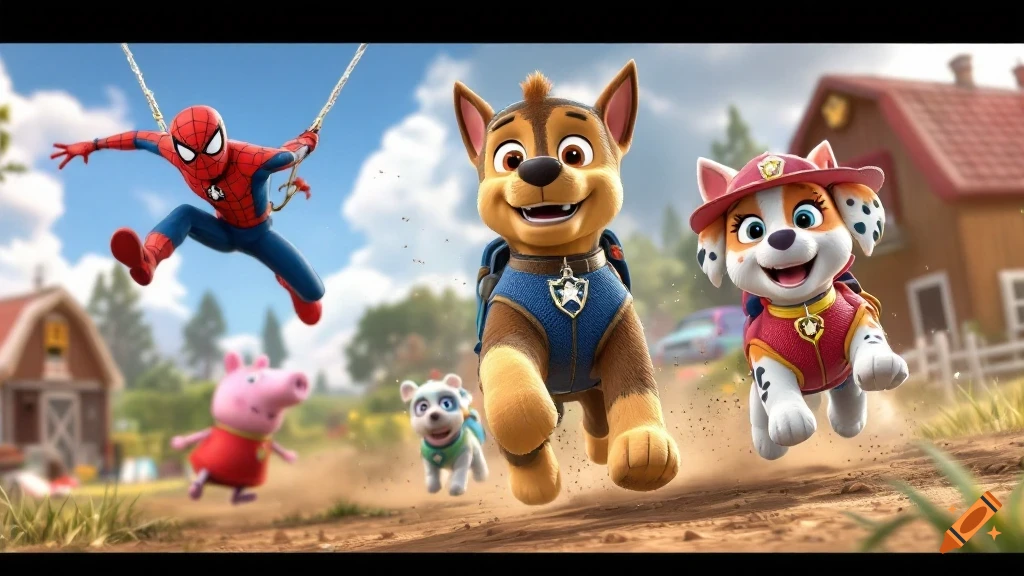 Spider-Man swings over Paw Patrol dogs and Peppa Pig running on a farm ...