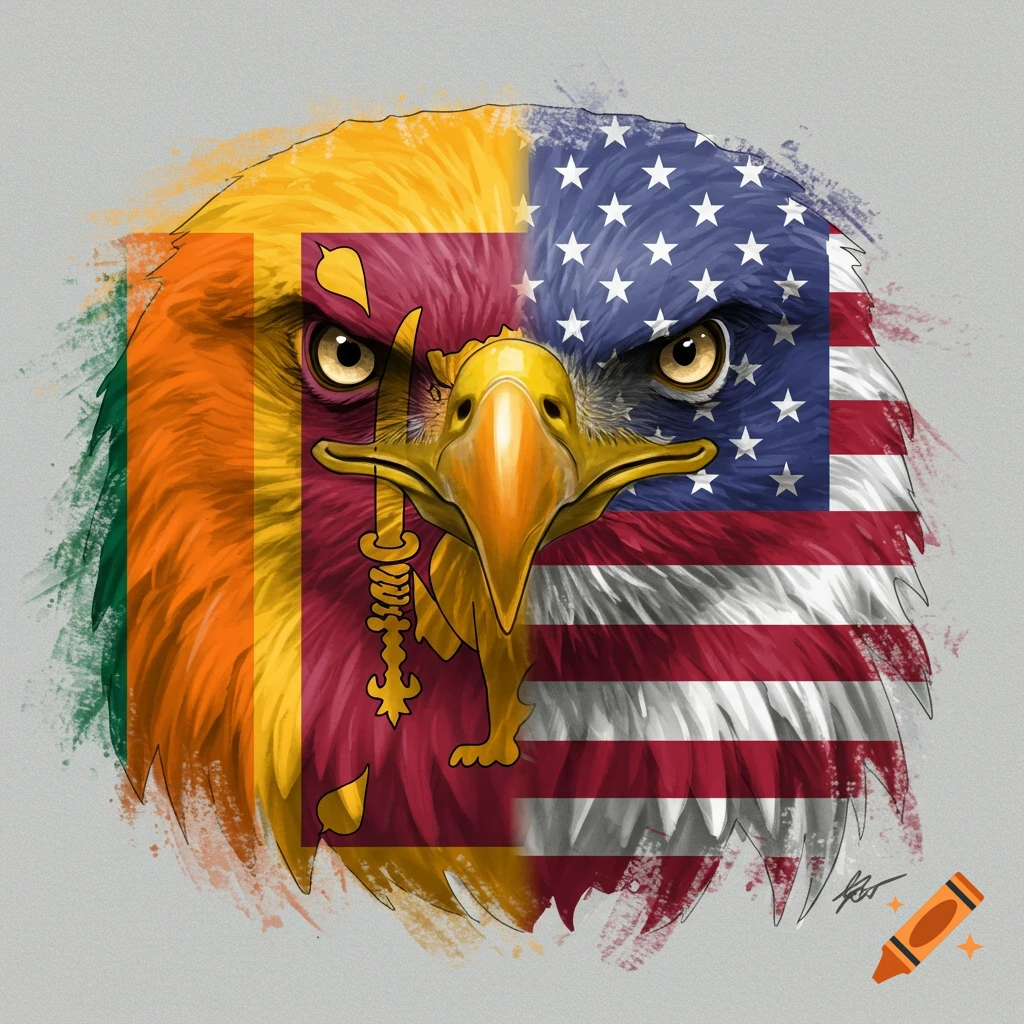 Stylized illustration of an eagle/lion head split with the flags of Sri ...