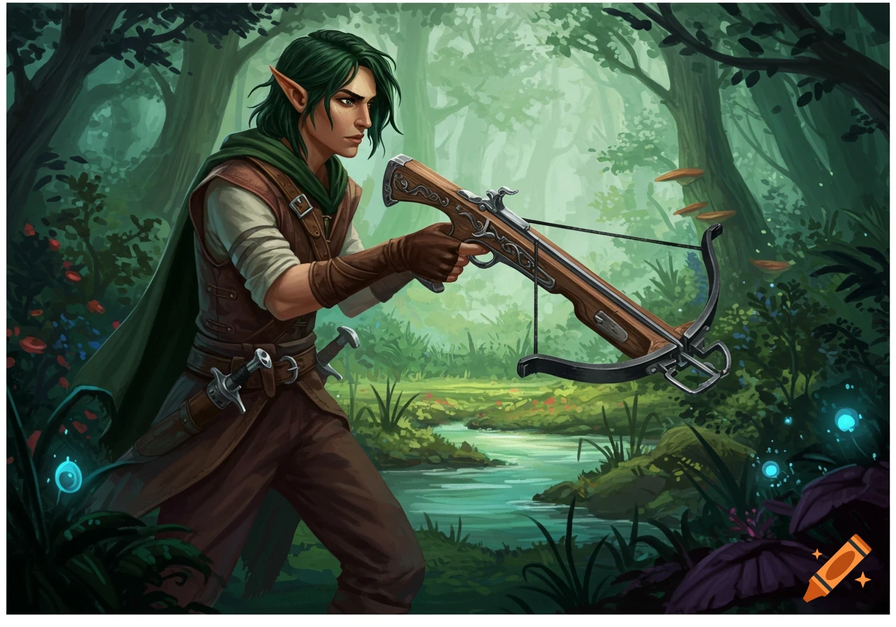 A fantasy elf character holding a crossbow in a green forest setting ...