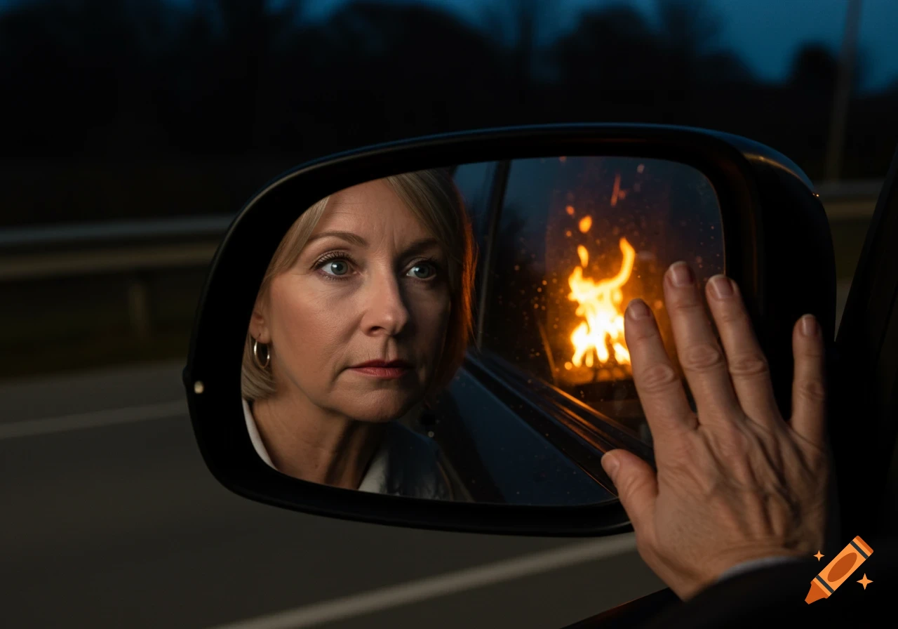 Middle-aged woman looks into car side mirror showing reflection of fire ...