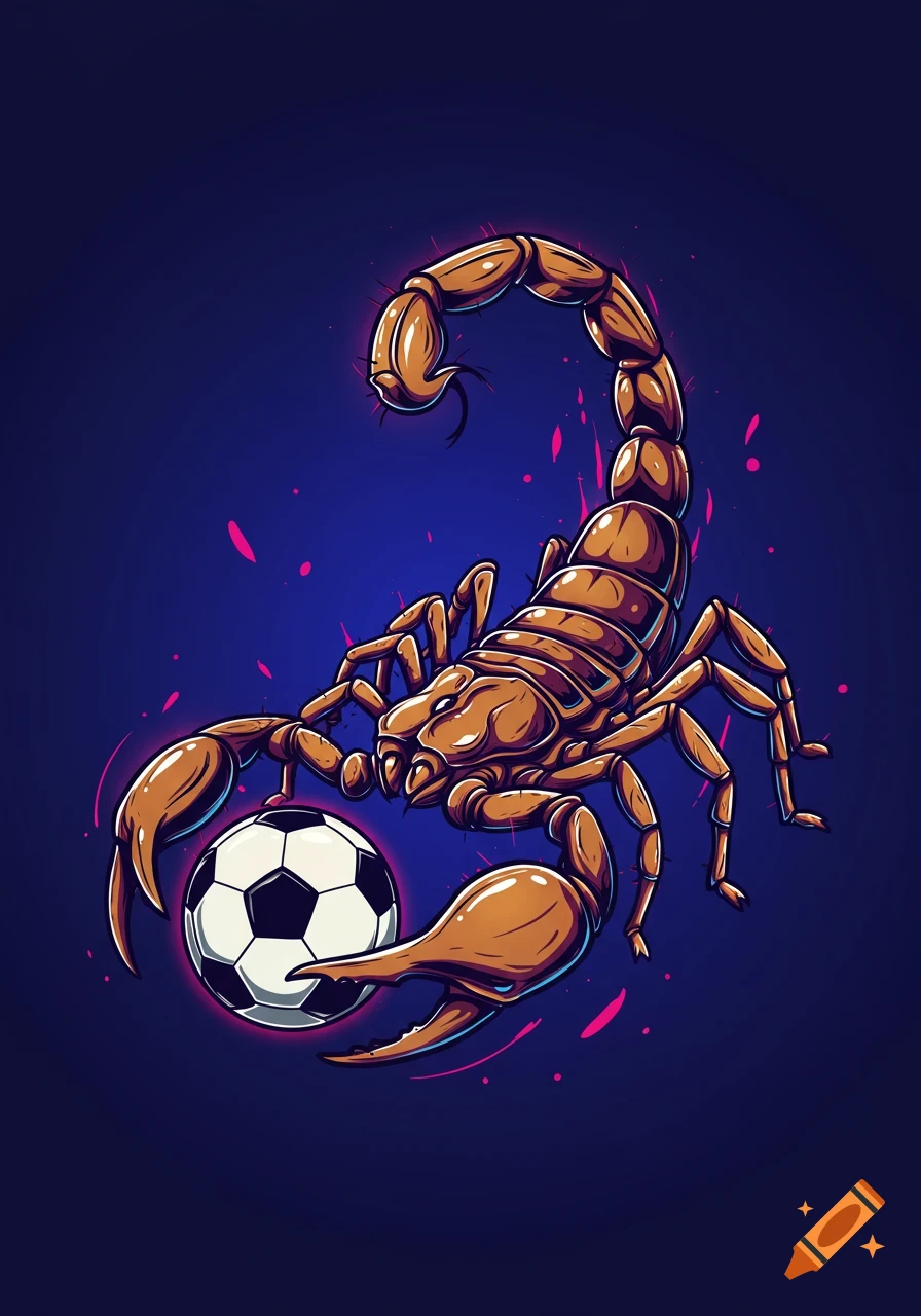 Graphic illustration of a scorpion holding a soccer ball on Craiyon