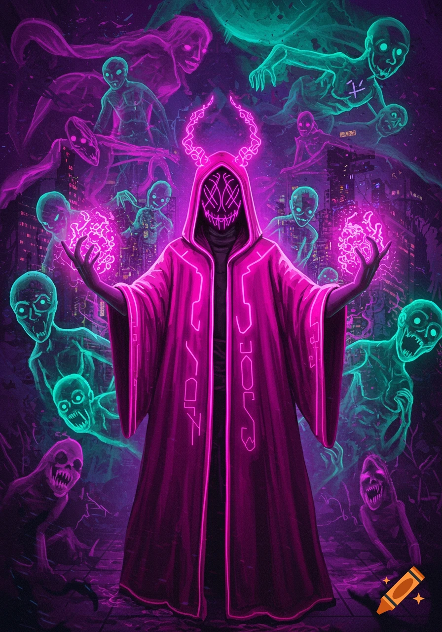 A hooded figure with a glowing mask and horns stands amidst glowing ...