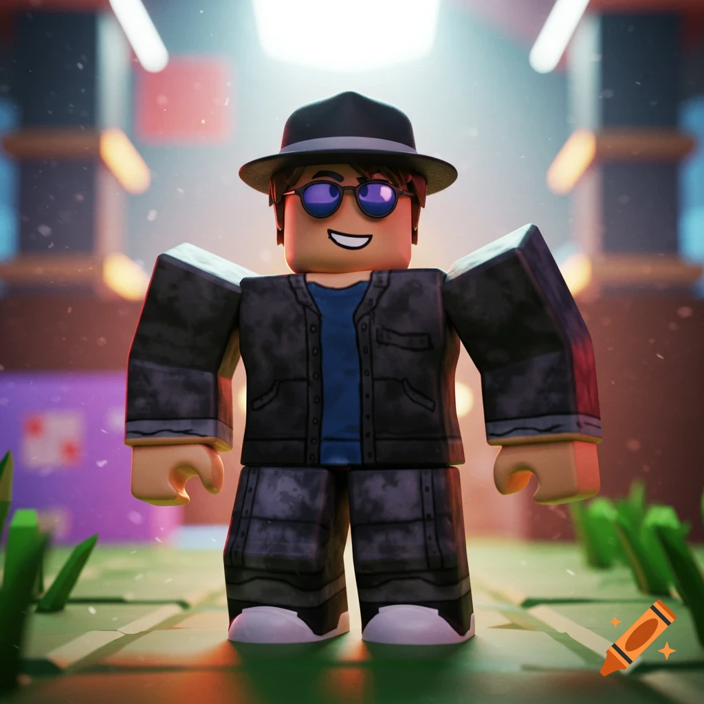 A Roblox avatar wearing a fedora, sunglasses, and jacket stands in a ...