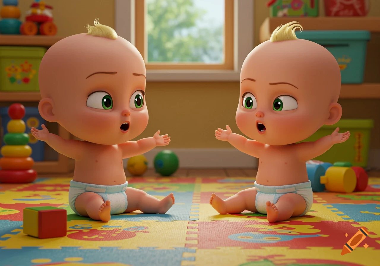 Two surprised cartoon babies sit on a colorful playmat in a playroom ...