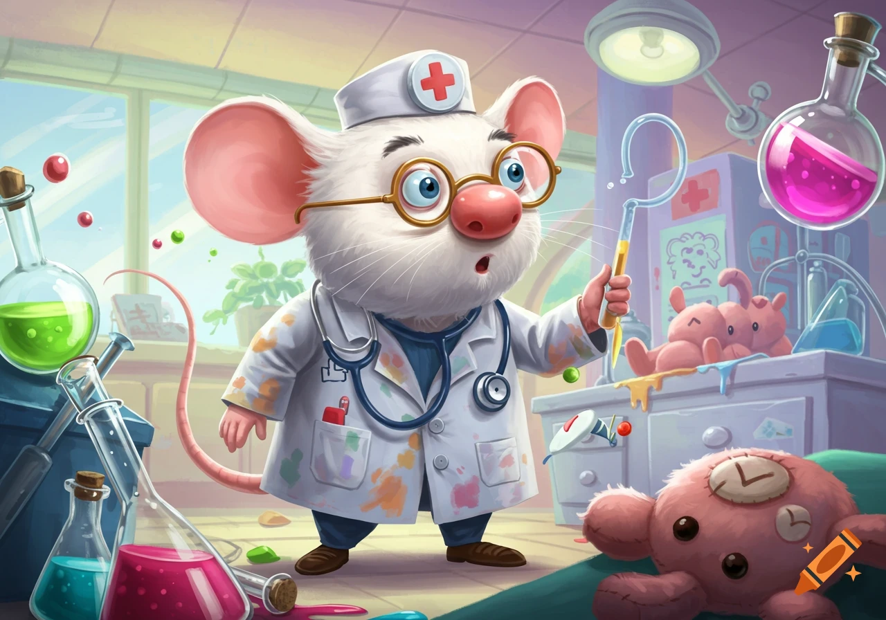 Cartoon mouse dressed as a doctor in a messy laboratory, holding a test ...