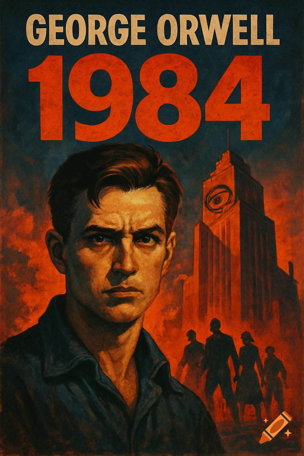 Book cover art for 1984 by George Orwell, showing a man, building with ...