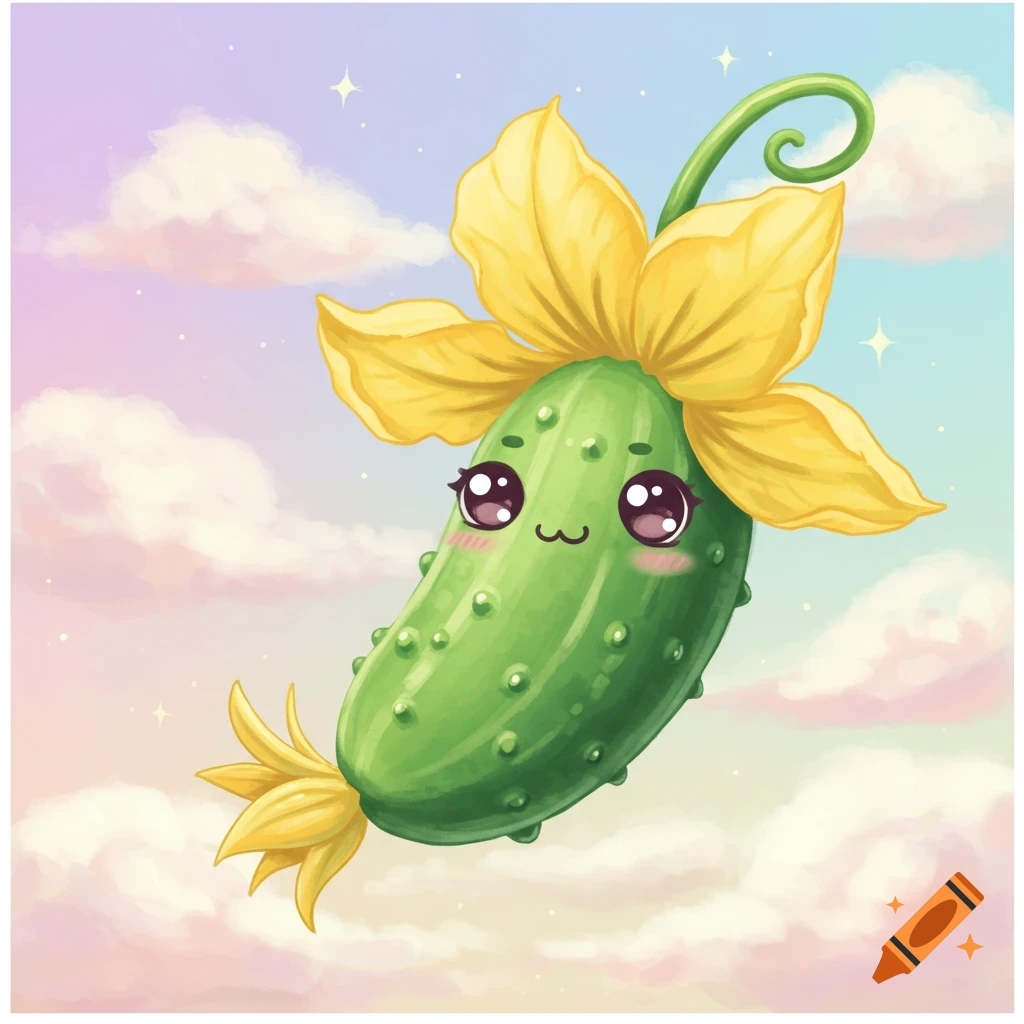 Kawaii cucumber with big eyes and a yellow flower floats in a pastel ...