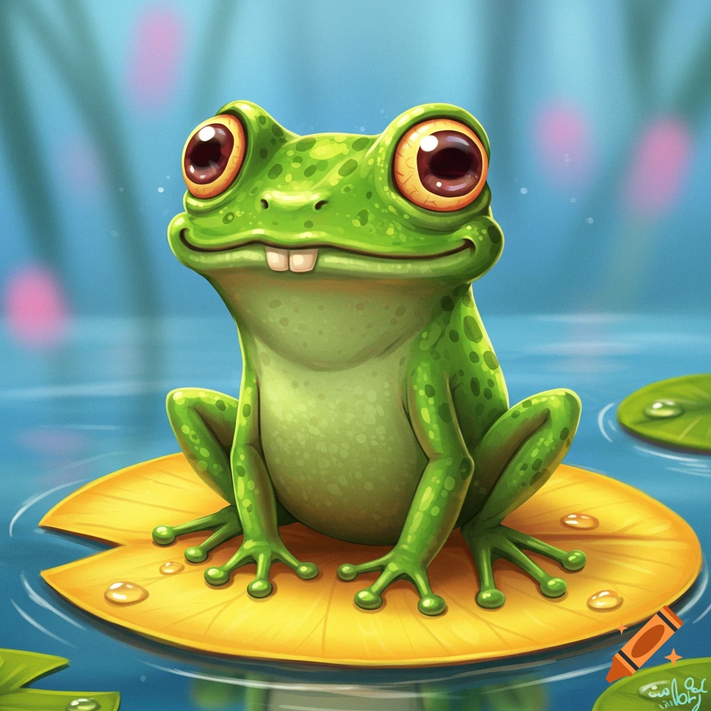 Cartoon frog with big eyes and buck teeth sitting on a lily pad. on Craiyon