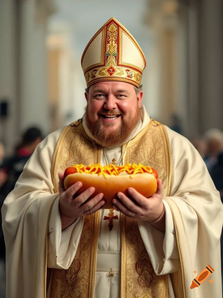 A smiling man dressed as a pope holds a large hot dog topped with ...