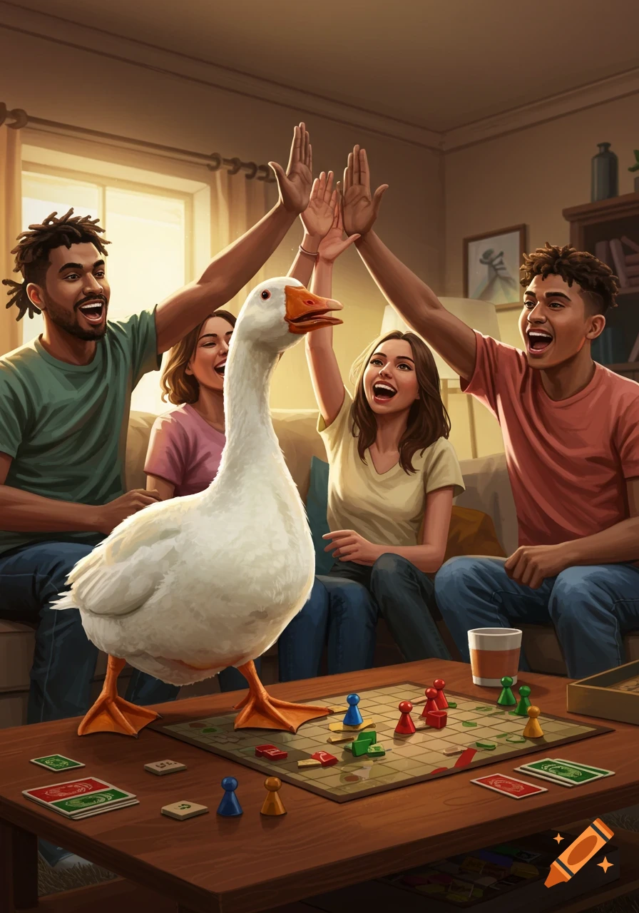 People high-five a goose playing a board game in a living room ...