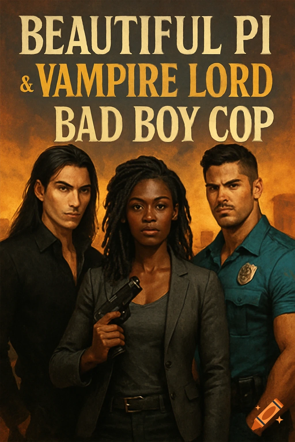 Illustration of a Black woman PI standing between a vampire and a ...