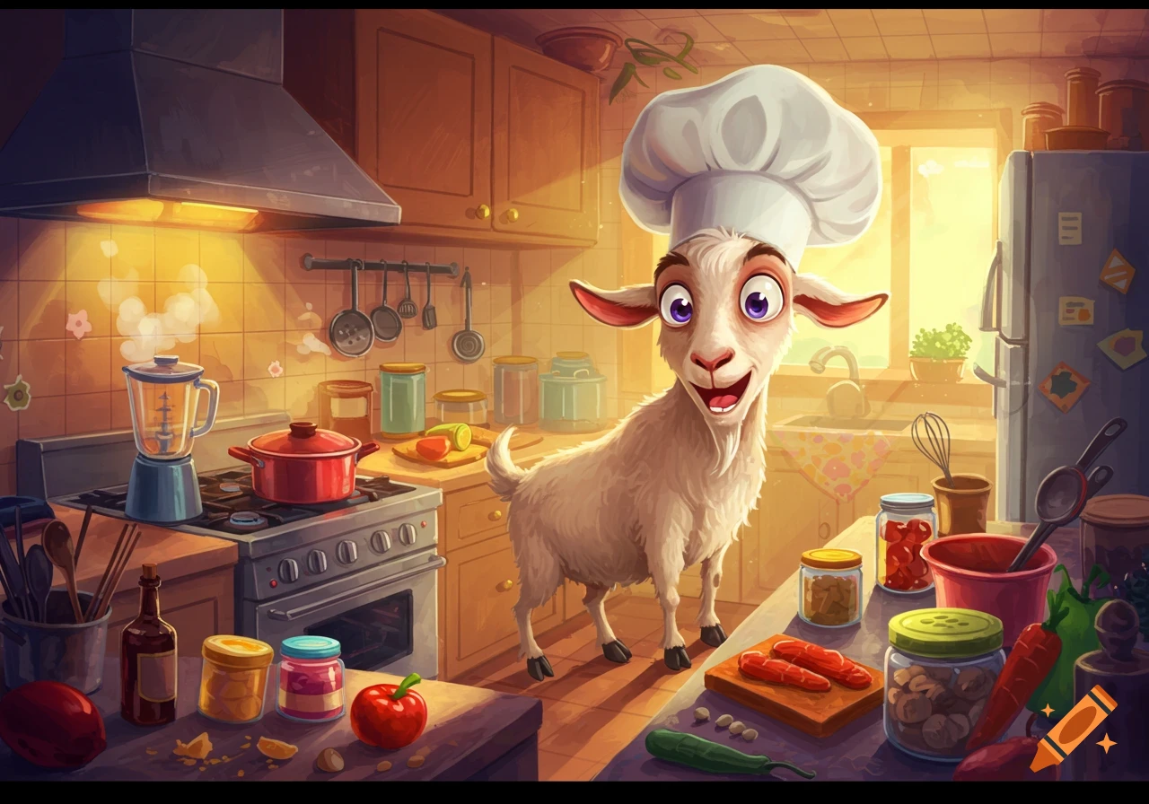 A cartoon goat wearing a chef hat stands in a kitchen. on Craiyon