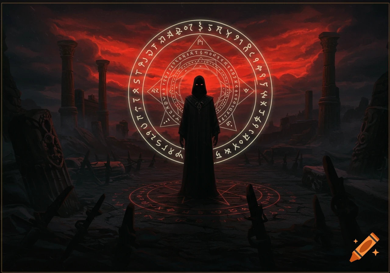 Hooded figure before glowing occult symbols in a dark, ruined landscape ...