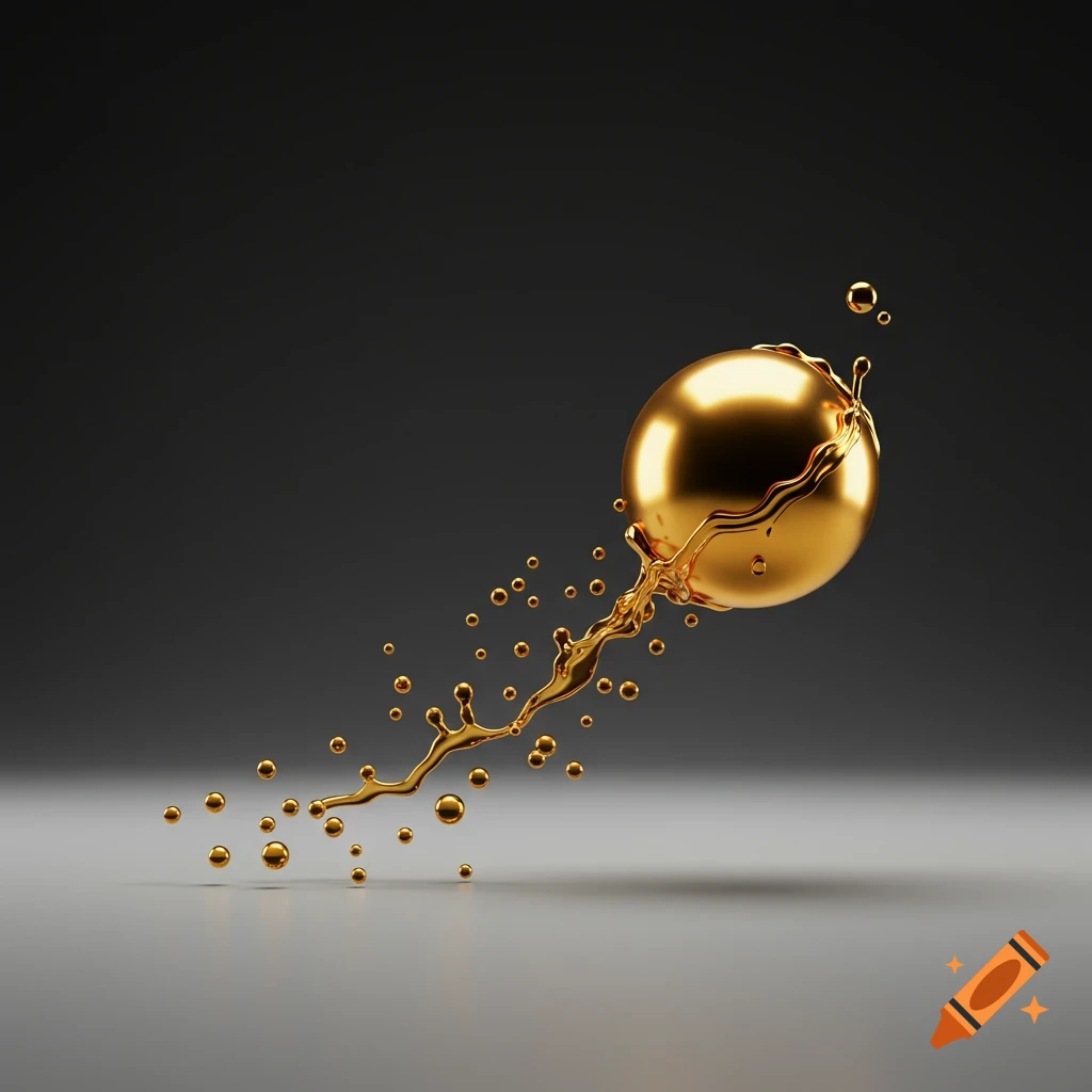 A golden sphere forms from splashing liquid gold droplets against a ...