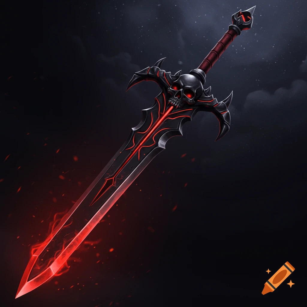 A dark fantasy sword with a skull hilt and a glowing red blade. on Craiyon