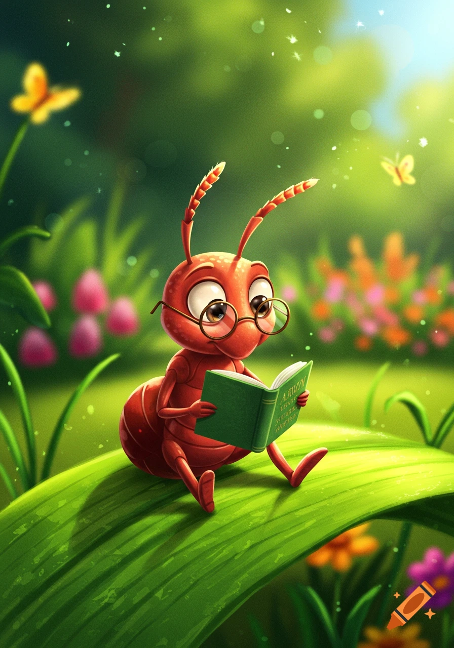 Cute cartoon ant with glasses reading a book on a large leaf in a sunny ...