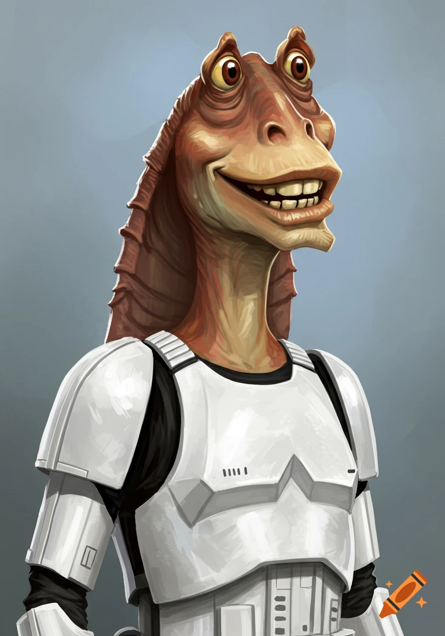 Illustration of Jar Jar Binks wearing Stormtrooper armor. on Craiyon