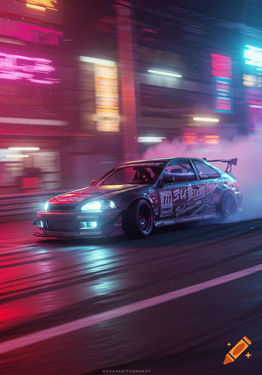 A customized JDM car drifts on a wet street at night in a neon-lit city ...