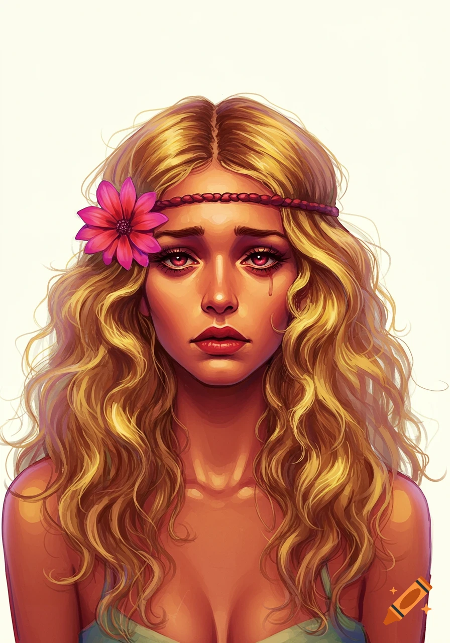 Digital art portrait of a sad woman with long blonde hair, flower, and headband. on Craiyon