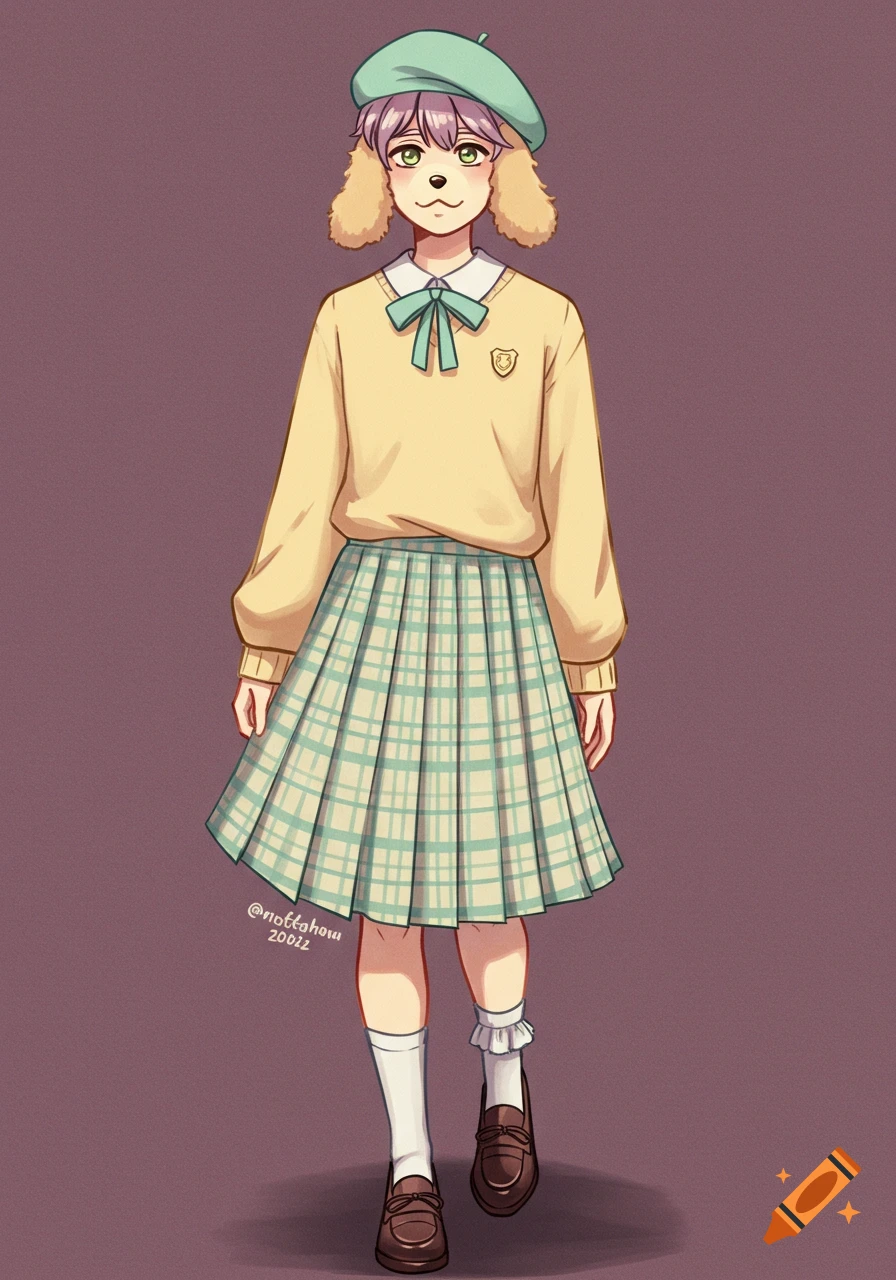 Anime illustration of a character wearing a yellow sweater and plaid ...